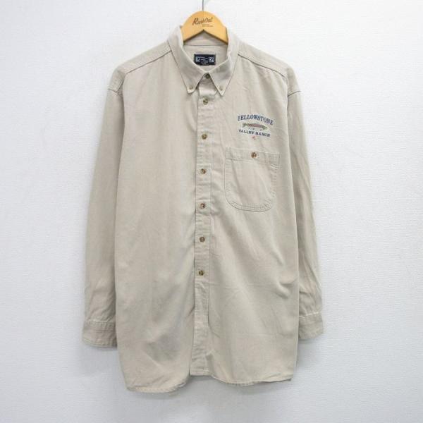 【商品番号】　shr25060284【商品名】　XL★古着 長袖 シャツ メンズ 00年代 00s YELLOWSTONE 魚 大きいサイズ ロング丈 コットン ボタンダウン ベージュ【メンズ参考サイズ】　XL【表記サイズ】　XL【実寸サイ...