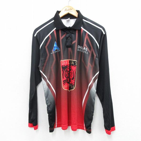 【商品番号】　shr25074971【商品名】　M★古着 長袖 ポロ シャツ メンズ DALLAS DAREDEVILS 黒他【メンズ参考サイズ】　M【表記サイズ】　M【実寸サイズ】　着丈（肩から裾）67cm　着幅（脇から脇）54cm　肩幅...