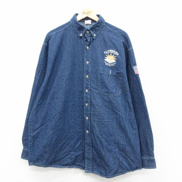 【商品番号】　shr25090222【商品名】　XL★古着 長袖 シャツ メンズ 90年代 90s PLUMBERS 大きいサイズ ロング丈 コットン ボタンダウン USA製 紺 デニム【メンズ参考サイズ】　XL【表記サイズ】　XL lon...