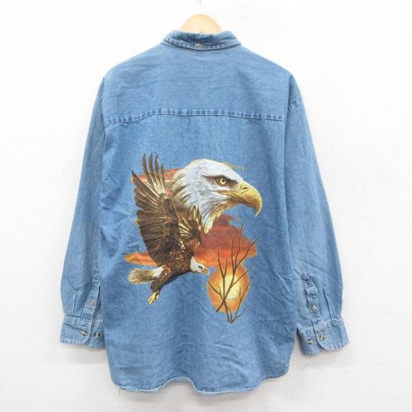 【表記サイズ】　XL【実寸サイズ】　着丈（肩から裾）78cm　着幅（脇から脇）63cm　肩幅53cm　肩袖丈（肩から袖先）60cm　脇袖丈（脇から袖先）50cm【素材】　コットン100%【程度】　B【コンディション】　襟汚れ、汚れ、プリント...