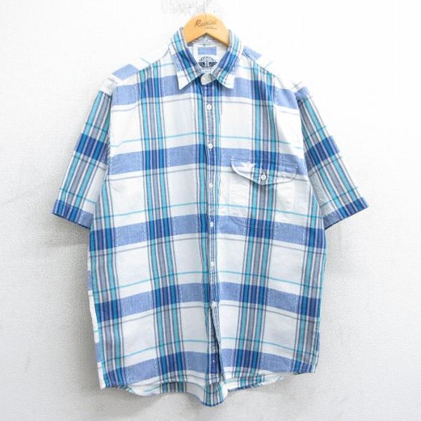 【商品番号】　shrs25032155【商品名】　XL★古着 ドッカーズ 半袖 シャツ メンズ 90年代 90s ワンポイントロゴ コットン USA製 白他 チェック【spe】【メンズ参考サイズ】　XL【表記サイズ】　M【実寸サイズ】　着丈...