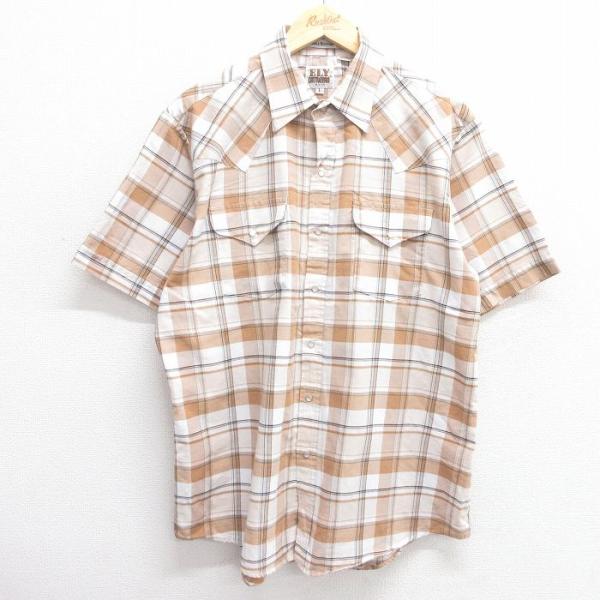 【商品番号】　shrs25040940【商品名】　XL★古着 ELY 半袖 ウエスタン シャツ メンズ 90年代 90s ベージュ他 チェック【メンズ参考サイズ】　XL【表記サイズ】　L【実寸サイズ】　着丈（肩から裾）74cm　着幅（脇から...