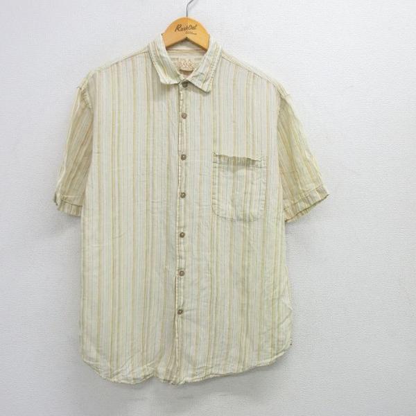 【商品番号】　shrs25052864【商品名】　L★古着 JOS A BANK 半袖 シャツ メンズ 黄他 ストライプ【メンズ参考サイズ】　L【表記サイズ】　L【実寸サイズ】　着丈（肩から裾）70cm　着幅（脇から脇）60cm　肩幅49c...