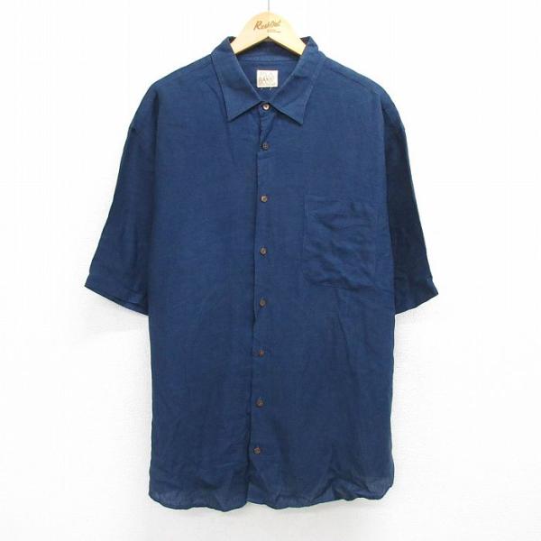 【商品番号】　shrs25053536【商品名】　XL★古着 JOS A BANK 半袖 シャツ メンズ 大きいサイズ ロング丈 紺【メンズ参考サイズ】　XL【表記サイズ】　なし【実寸サイズ】　着丈（肩から裾）85cm　着幅（脇から脇）74...
