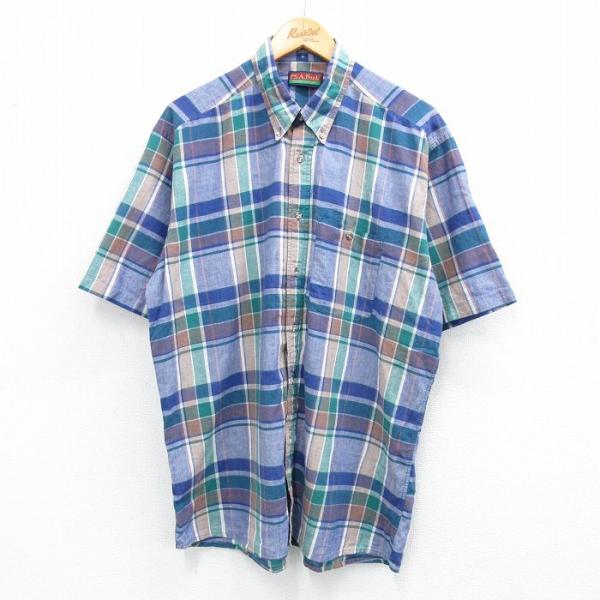 【商品番号】　shrs25062234【商品名】　XL★古着 JOS A BANK 半袖 シャツ メンズ 90年代 90s コットン ボタンダウン 紺他 チェック【メンズ参考サイズ】　XL【表記サイズ】　L 16-16.5【実寸サイズ】　着...