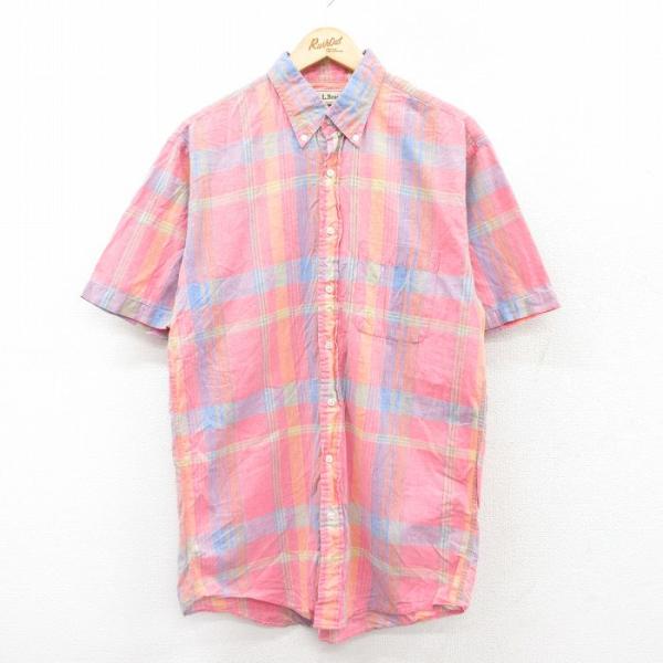 【商品番号】　shrs25080637【商品名】　M★古着 エルエルビーン 半袖 シャツ メンズ 80年代 80s ロング丈 コットン ボタンダウン USA製 赤系他 チェック【メンズ参考サイズ】　M【表記サイズ】　M【実寸サイズ】　着丈（...