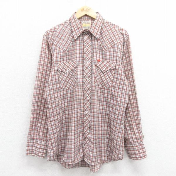【商品番号】　shwn25101342【商品名】　L★古着 ELY 長袖 ウエスタン シャツ メンズ 80年代 80s エンジ チェック【メンズ参考サイズ】　L【表記サイズ】　L【実寸サイズ】　着丈（肩から裾）73cm　着幅（脇から脇）57...