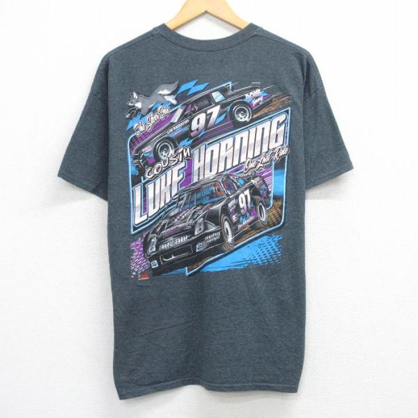 【商品番号】　sksf25074305【商品名】　XL★古着 半袖 Tシャツ メンズ レーシングカー LUKE HORNING クルーネック 濃グレー 霜降り【メンズ参考サイズ】　XL【表記サイズ】　XL【実寸サイズ】　着丈（肩から裾）74...