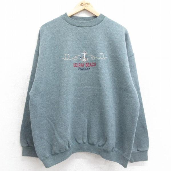 【商品番号】　swr24080877【商品名】　XL★古着 TULTEX 長袖 スウェット メンズ 90年代 90s イカリ DELRAY BEACH 刺繍 大きいサイズ クルーネック USA製 緑系 霜降り【メンズ参考サイズ】　XL【表記...