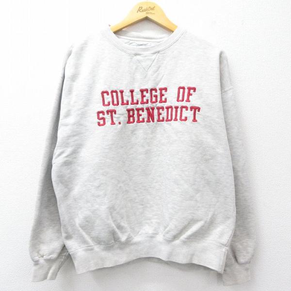 【商品番号】　swr25081824【商品名】　L★古着 長袖 スウェット メンズ 00年代 00s ST BENEDICT 刺繍 クルーネック 薄グレー 霜降り【メンズ参考サイズ】　L【表記サイズ】　M【実寸サイズ】　着丈（肩から裾）62...