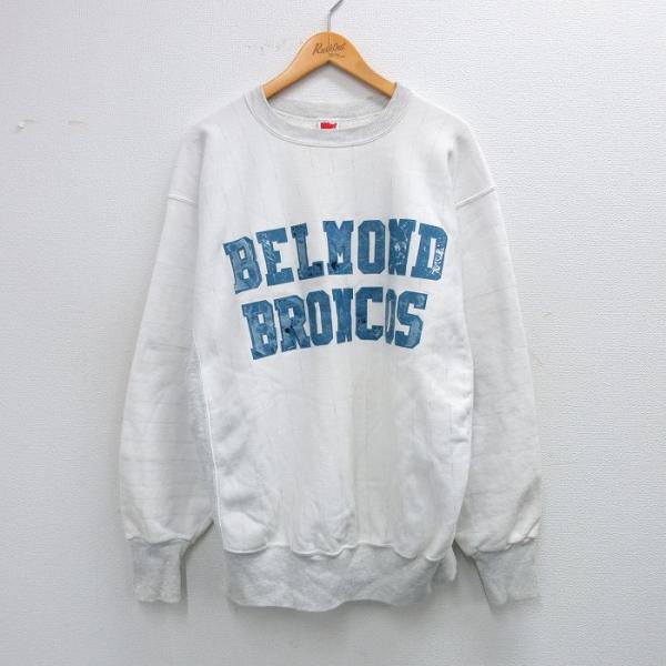 【商品番号】　swr25082391【商品名】　XL★古着 長袖 スウェット メンズ BELMOND BRONCOS 大きいサイズ クルーネック 白　ストライプ【spe】【メンズ参考サイズ】　XL【表記サイズ】　XL【実寸サイズ】　着丈（肩...