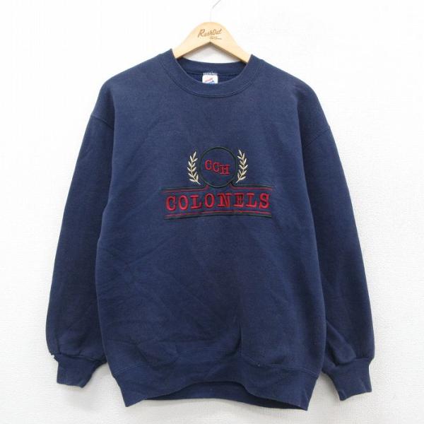 【商品番号】　swr25090214【商品名】　M★古着 ジャージーズ 長袖 スウェット メンズ 90年代 90s COLONELS 刺繍 クルーネック USA製 紺【メンズ参考サイズ】　M【表記サイズ】　L【実寸サイズ】　着丈（肩から裾）...