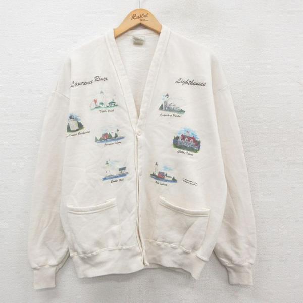 【商品番号】　swr25090233【商品名】　L★古着 ジャージーズ 長袖 スウェット カーディガン メンズ 00年代 00s 灯台 生成り【メンズ参考サイズ】　L【表記サイズ】　OSEM【実寸サイズ】　着丈（肩から裾）68cm　着幅（脇...
