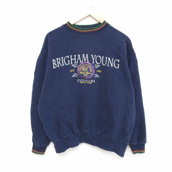 【商品番号】　swr54080486【商品名】　L★古着 長袖 スウェット メンズ 00年代 00s BRIGHAM YOUNG クルーネック 紺【メンズ参考サイズ】　L【表記サイズ】　L【実寸サイズ】　着丈（肩から裾）62cm　着幅（脇か...