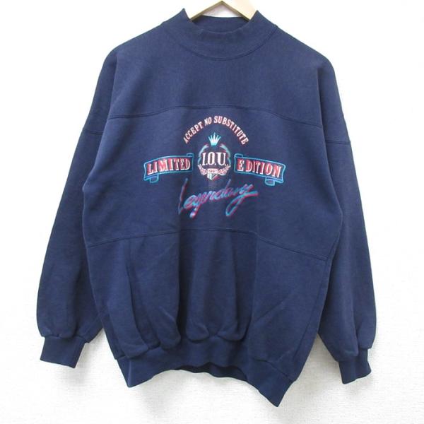 【商品番号】　swr54100083【商品名】　L★古着 IOU 長袖 スウェット メンズ 90年代 90s ビッグロゴ モックネック ハイネック 紺【メンズ参考サイズ】　L【表記サイズ】　なし【実寸サイズ】　着丈（肩から裾）61cm　着幅...