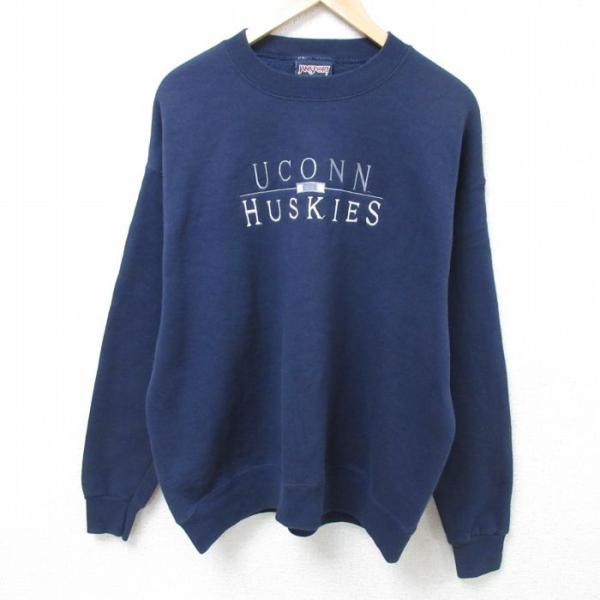 【商品番号】　swr54100168【商品名】　XL★古着 ジャンスポーツ 長袖 スウェット メンズ 90年代 90s UCONN HUSKIES 刺繍 クルーネック USA製 紺【メンズ参考サイズ】　XL【表記サイズ】　L【実寸サイズ】　...