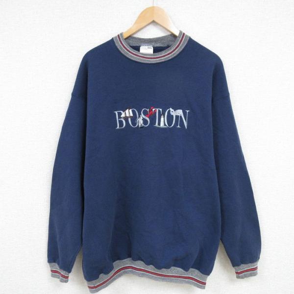 【商品番号】　swr54120403【商品名】　XL★古着 ウィルソン 長袖 スウェット メンズ 90年代 90s BOSTON 刺繍 大きいサイズ クルーネック USA製 紺【spe】【メンズ参考サイズ】　XL【表記サイズ】　XXL【実寸...