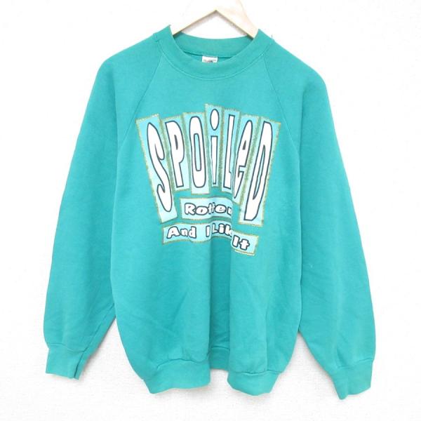 【商品番号】　swr55040215【商品名】　L★古着 フルーツオブザルーム 長袖 スウェット メンズ 90年代 90s SPOiLED ラグラン クルーネック USA製 緑【メンズ参考サイズ】　L【表記サイズ】　XL【実寸サイズ】　着丈...