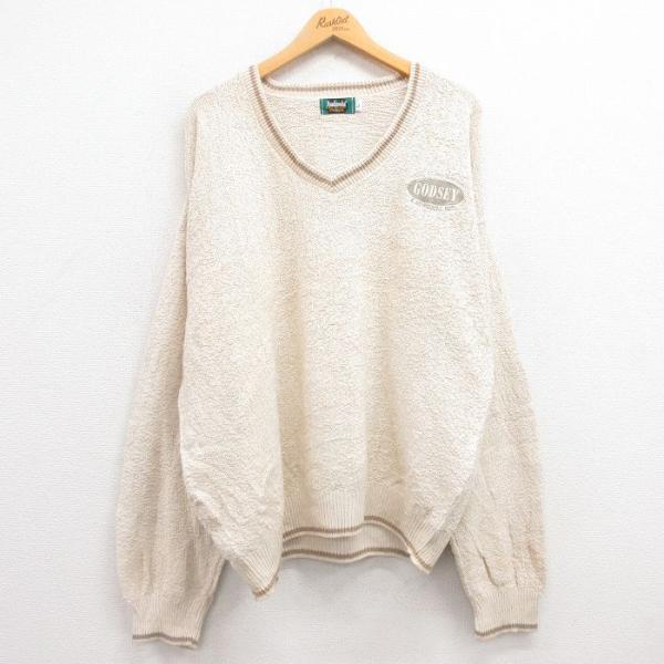 【商品番号】　swtr24092351【商品名】　XL★古着 Dunbrooke 長袖 セーター メンズ 90年代 90s GODSEY 大きいサイズ コットン Vネック USA製 薄ベージュ【メンズ参考サイズ】　XL【表記サイズ】　L【実...