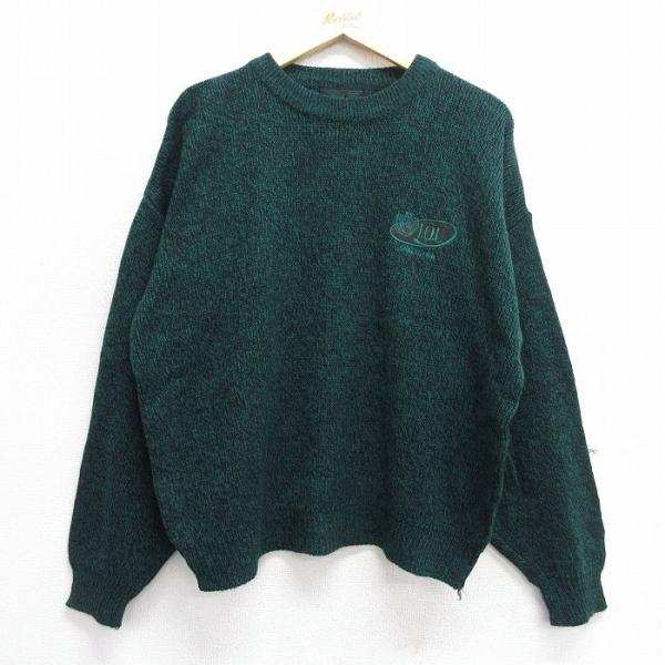 【商品番号】　swtr24122314【商品名】　XL★古着 I.O.U. 長袖 セーター メンズ 90年代 90s アクリル クルーネック 緑【メンズ参考サイズ】　XL【表記サイズ】　M【実寸サイズ】　着丈（肩から裾）61cm　着幅（脇か...