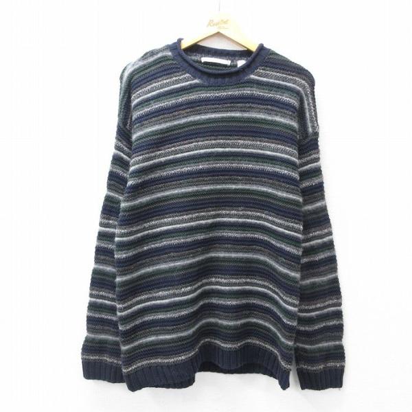 【商品番号】　swtr25092367【商品名】　M★古着 ペリーエリス 長袖 セーター メンズ 90年代 90s クルーネック 紺他 ボーダー【spe】【メンズ参考サイズ】　M【表記サイズ】　L【実寸サイズ】　着丈（肩から裾）70cm　着...