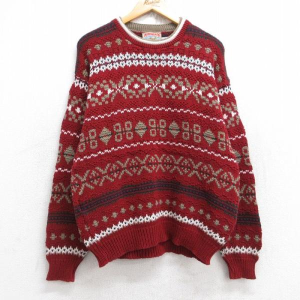 【商品番号】　swtr25101063【商品名】　M★古着 長袖 セーター メンズ 90年代 90s 総柄 コットン クルーネック エンジ系他【メンズ参考サイズ】　M【表記サイズ】　M【実寸サイズ】　着丈（肩から裾）62cm　着幅（脇から脇...