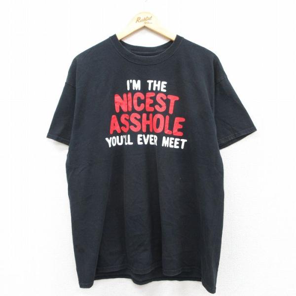 【商品番号】　ts25074890【商品名】　XL★古着 半袖 Tシャツ メンズ NICEST ASSHOLE コットン クルーネック 黒【メンズ参考サイズ】　XL【表記サイズ】　XL【実寸サイズ】　着丈（肩から裾）71cm　着幅（脇から脇...