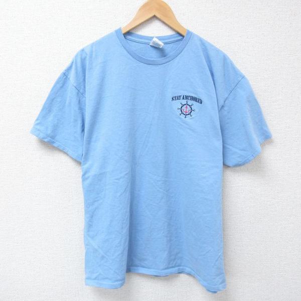 【商品番号】　ts55040048【商品名】　XL★古着 半袖 Tシャツ メンズ STAY ANCHORED コットン クルーネック 薄紺【メンズ参考サイズ】　XL【表記サイズ】　XL【実寸サイズ】　着丈（肩から裾）70cm　着幅（脇から脇...