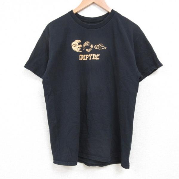 【商品番号】　ts55040492【商品名】　M★古着 半袖 Tシャツ メンズ EMPYRE コットン クルーネック 黒【メンズ参考サイズ】　M【表記サイズ】　L【実寸サイズ】　着丈（肩から裾）67cm　着幅（脇から脇）50cm　肩幅48c...