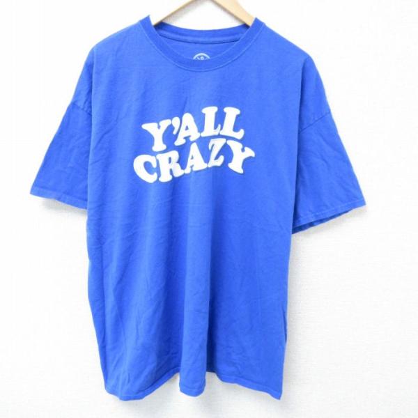 【商品番号】　ts55040799【商品名】　XL★古着 半袖 Tシャツ メンズ YALL CRAZY 大きいサイズ コットン クルーネック 青【メンズ参考サイズ】　XL【表記サイズ】　2XL【実寸サイズ】　着丈（肩から裾）74cm　着幅（...