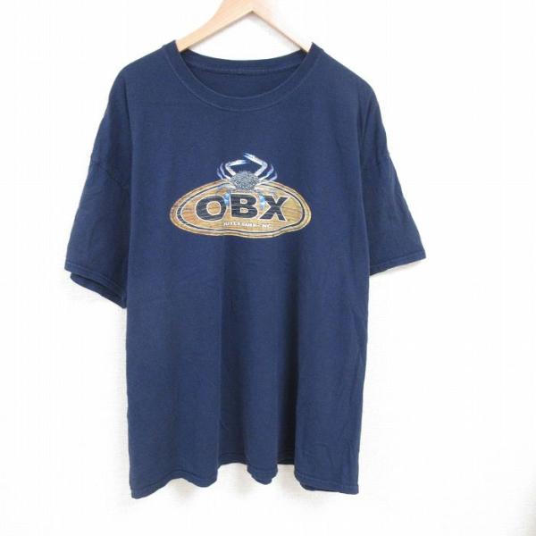 【商品番号】　ts55060175【商品名】　XL★古着 半袖 Tシャツ メンズ OBX 大きいサイズ ロング丈 クルーネック 紺【メンズ参考サイズ】　XL【表記サイズ】　なし【実寸サイズ】　着丈（肩から裾）80cm　着幅（脇から脇）72c...