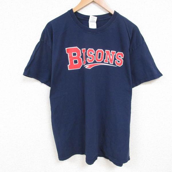【商品番号】　ts55060733【商品名】　XL★古着 半袖 Tシャツ メンズ BISONS 大きいサイズ コットン クルーネック 紺【メンズ参考サイズ】　XL【表記サイズ】　XL【実寸サイズ】　着丈（肩から裾）71cm　着幅（脇から脇）...