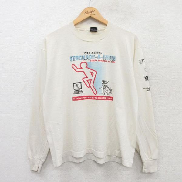 【商品番号】　tsb25033692【商品名】　XL★古着 スクリーンスターズ 長袖 ビンテージ Tシャツ メンズ 90年代 90s STOCKADE クルーネック USA製 白【メンズ参考サイズ】　XL【表記サイズ】　L【実寸サイズ】　着...