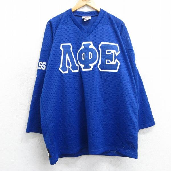 【商品番号】　tsb25061485【商品名】　XL★古着 長袖 ビンテージ フットボール Tシャツ メンズ 90年代 90s ギリシャ文字 COMMANDO 14 メッシュ地 大きいサイズ Vネック USA製 青 ユニフォーム ゲームシャ...