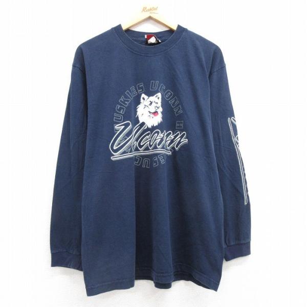 【商品番号】　tsb25064820【商品名】　XL★古着 長袖 ビンテージ Tシャツ メンズ 00年代 00s UCONN ハスキーズ コットン クルーネック 濃紺【メンズ参考サイズ】　XL【表記サイズ】　XL【実寸サイズ】　着丈（肩から...