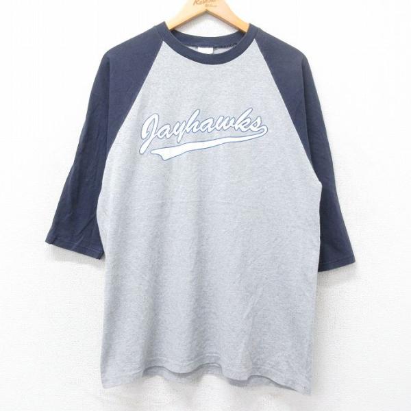 【商品番号】　tsb25080091【商品名】　XL★古着 7分袖 ビンテージ Tシャツ メンズ 00年代 00s Jayhawks ラグラン ツートンカラー クルーネック グレー 霜降り他【メンズ参考サイズ】　XL【表記サイズ】　L【実寸...