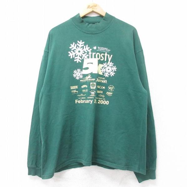 【商品番号】　tsb25080151【商品名】　XL★古着 長袖 ビンテージ Tシャツ メンズ frosty 5K 企業広告 大きいサイズ コットン モックネック ハイネック 緑【メンズ参考サイズ】　XL【表記サイズ】　XL【実寸サイズ】　...