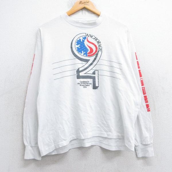 【商品番号】　tsb25080520【商品名】　L★古着 長袖 ビンテージ Tシャツ メンズ 90年代 90s ウィンタースポーツ オリンピック ANCHORAGE クルーネック USA製 白【spe】【メンズ参考サイズ】　L【表記サイズ】...