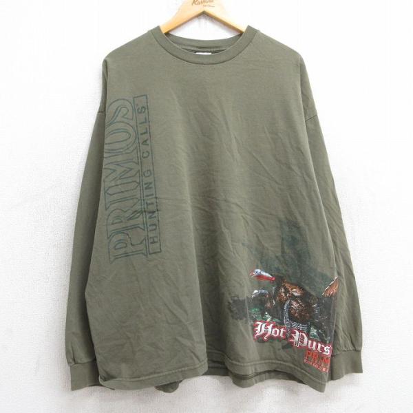 【商品番号】　tsb25081027【商品名】　XL★古着 長袖 ビンテージ Tシャツ メンズ 00年代 00s 鳥 PRIMOS ハンティング 大きいサイズ コットン クルーネック 濃緑【メンズ参考サイズ】　XL【表記サイズ】　2XL【実...