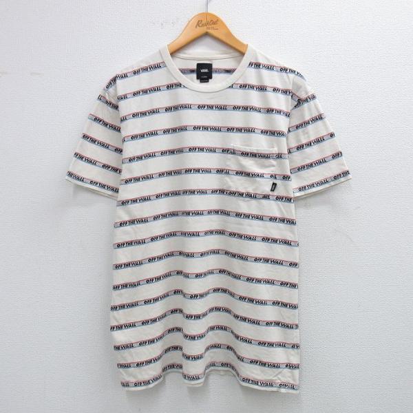 【商品番号】　tsbd25064830【商品名】　XL★古着 バンズ VANS 半袖 ブランド Tシャツ メンズ OFF THE WALL 胸ポケット付き クルーネック 白他 ボーダー【メンズ参考サイズ】　XL【表記サイズ】　XL【実寸サイ...