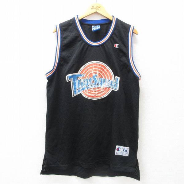 【商品番号】　tstp25060410【商品名】　XL★古着 チャンピオン champion  ノースリーブ ビンテージ Tシャツ メンズ 90年代 90s Tune Squad タズ メッシュ地 大きいサイズ クルーネック 黒他 ユニフォ...