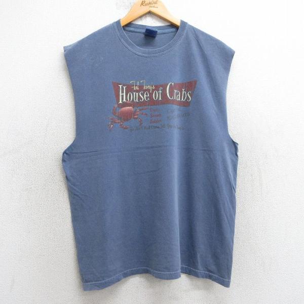 【商品番号】　tstp25062467【商品名】　L★古着 ノースリーブ ビンテージ Tシャツ メンズ 00年代 00s カニ Crabs コットン クルーネック 薄紺【メンズ参考サイズ】　L【表記サイズ】　L【実寸サイズ】　着丈（肩から裾...