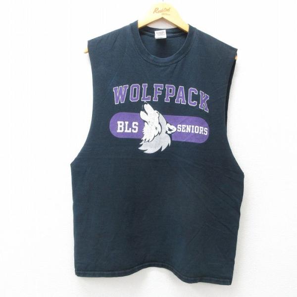 【商品番号】　tstp25065065【商品名】　L★古着 ノースリーブ ビンテージ Tシャツ メンズ 00年代 00s WOLFPACK コットン クルーネック 黒【メンズ参考サイズ】　L【表記サイズ】　L【実寸サイズ】　着丈（肩から裾）...