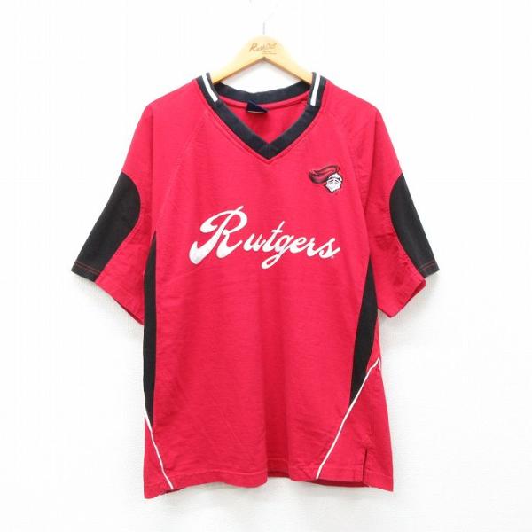 【商品番号】　tsv24033608【商品名】　XL★古着 半袖 ビンテージ Tシャツ メンズ 00年代 00s Rutgers Vネック 赤【メンズ参考サイズ】　XL【表記サイズ】　なし【実寸サイズ】　着丈（肩から裾）72cm　着幅（脇か...