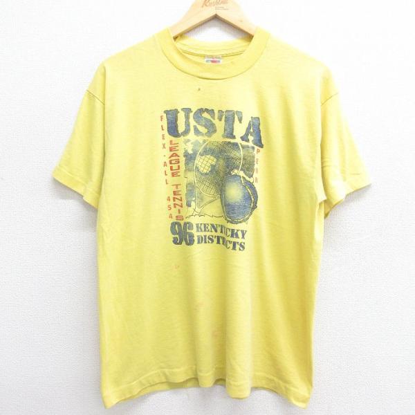 【商品番号】　tsv24050124【商品名】　XL★古着 フルーツオブザルーム 半袖 ビンテージ Tシャツ メンズ 90年代 90s テニス USTA クルーネック USA製 黄色【メンズ参考サイズ】　XL【表記サイズ】　L【実寸サイズ】...