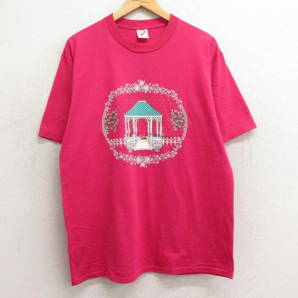 【商品番号】　tsv24052284【商品名】　L★古着 ジャージーズ 半袖 ビンテージ Tシャツ メンズ 90年代 90s 花 バラ クルーネック USA製 濃ピンク【メンズ参考サイズ】　L【表記サイズ】　L【実寸サイズ】　着丈（肩から裾...