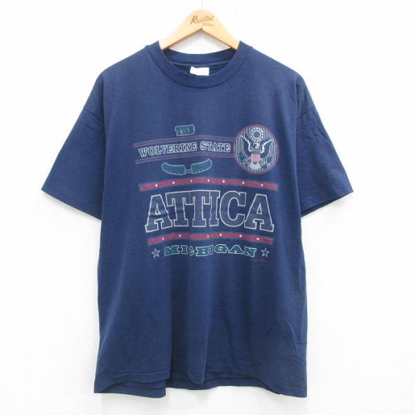 【商品番号】　tsv24073462【商品名】　XL★古着 ヘインズ 半袖 ビンテージ Tシャツ メンズ 90年代 90s ATTICA ミシガン クルーネック USA製 紺【メンズ参考サイズ】　XL【表記サイズ】　XL【実寸サイズ】　着丈...