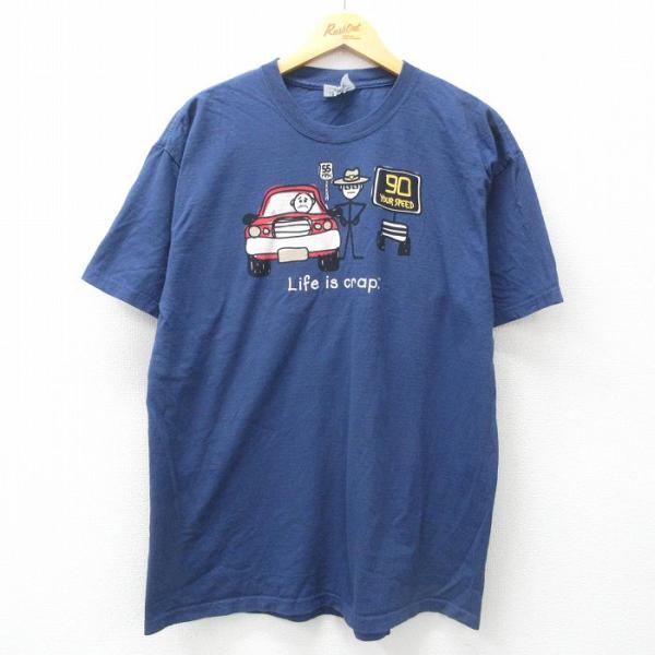 【商品番号】　tsv25051292【商品名】　XL★古着 半袖 ビンテージ Tシャツ メンズ 00年代 00s Life is crap 車 コットン クルーネック 紺【メンズ参考サイズ】　XL【表記サイズ】　L【実寸サイズ】　着丈（肩か...