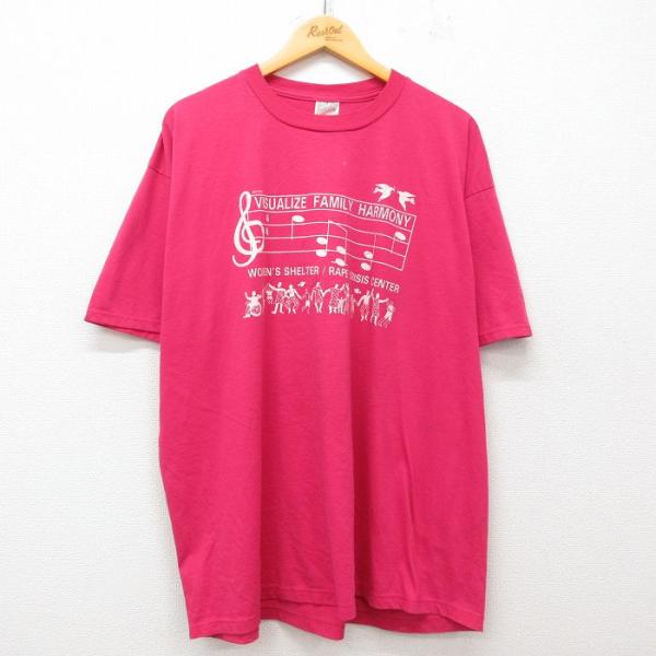 【商品番号】　tsv25062062【商品名】　XL★古着 ジャージーズ 半袖 ビンテージ Tシャツ メンズ 90年代 90s 音符 VISUALIZE 大きいサイズ クルーネック USA製 濃ピンク【メンズ参考サイズ】　XL【表記サイズ】...