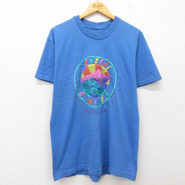 【商品番号】　tsv25062077【商品名】　L★古着 半袖 ビンテージ Tシャツ メンズ 90年代 90s CRYSTAL CRUISES 船 クルーネック 薄紺【メンズ参考サイズ】　L【表記サイズ】　なし【実寸サイズ】　着丈（肩から裾...